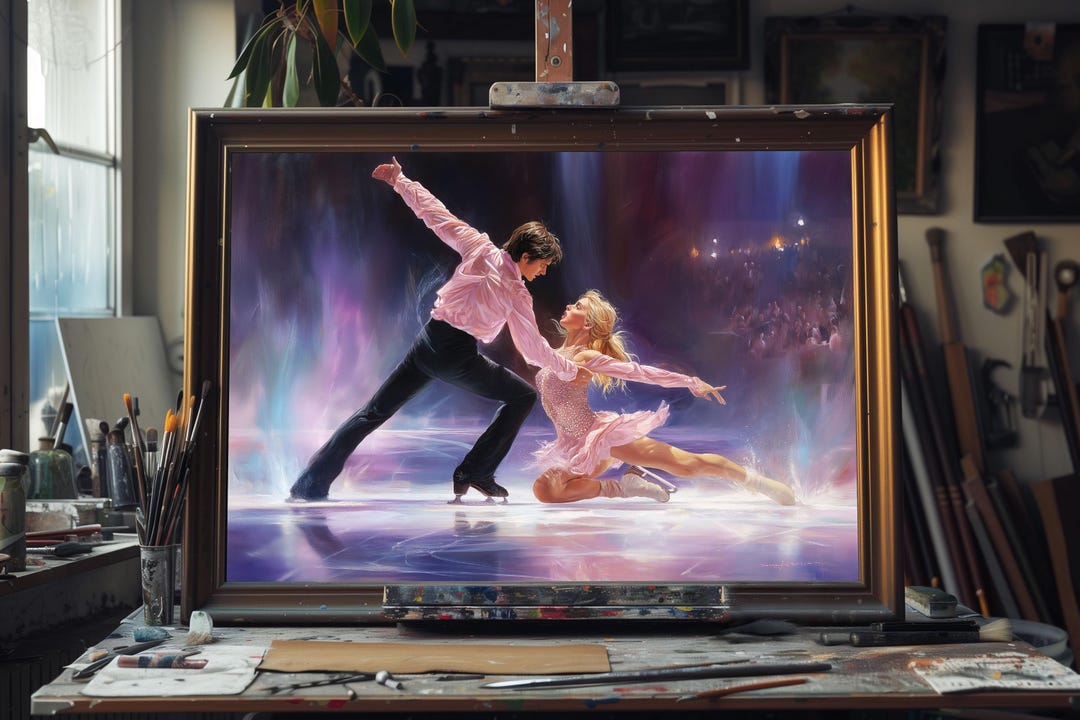 Fine Art Ice Skater Couple Oil Painting, Figure Skating Spin on Rink ...