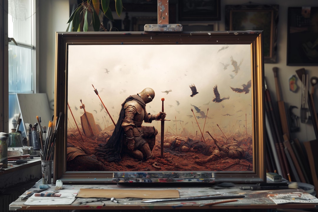 Fine Art Fallen Medieval Knight Oil Painting, Dark Fantasy Knight Art ...