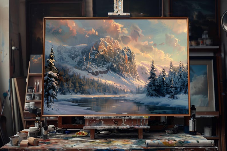 Fine Art Oil Painting of Winter Light Mountain - Hand-painted Snowy ...