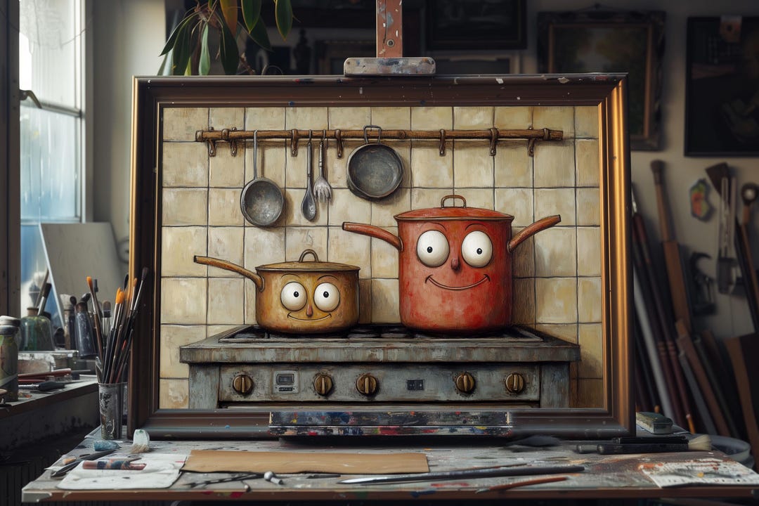 Whimsical Chef Oil Painting, Funny Kitchen Wall Art, Cartoon Cook ...