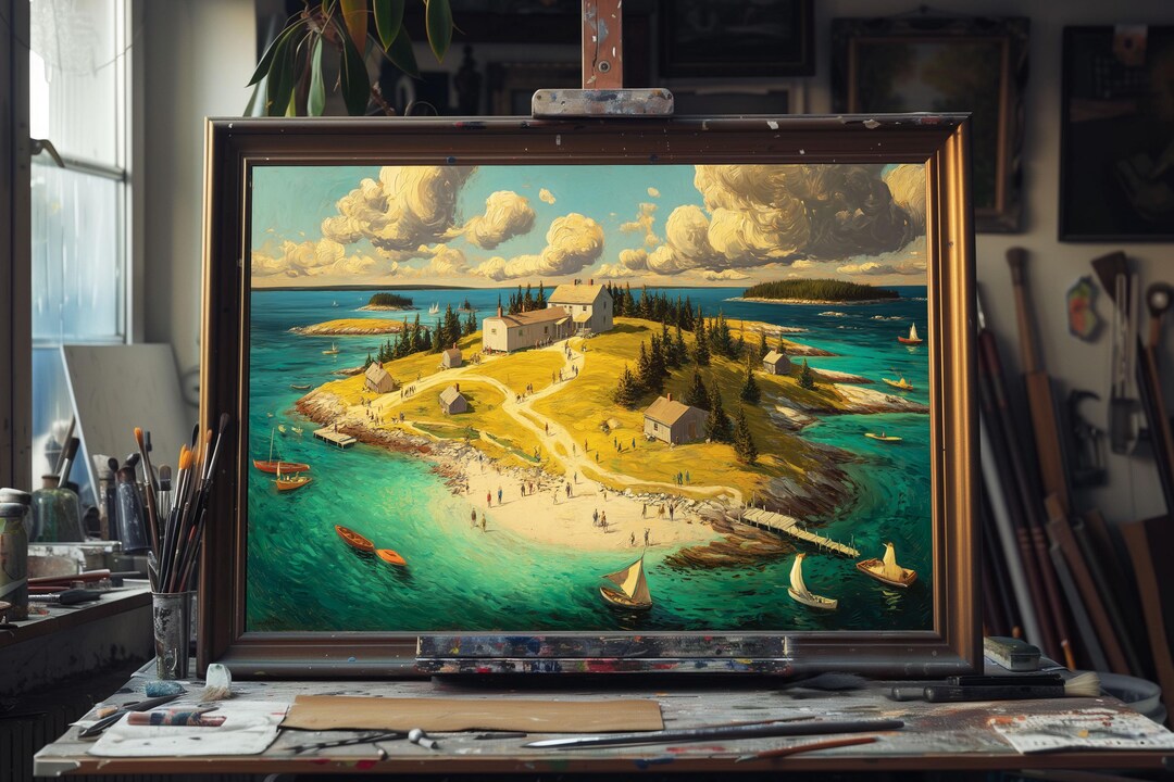 Coastal Island Oil Painting on Canvas, Seaside Landscape Art, Hand ...