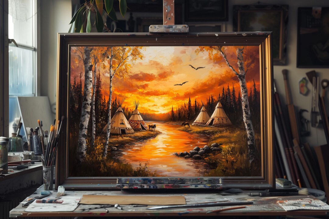 Fine Art Oil Painting Native American Autumn Tipi Scene, Rustic Fall ...