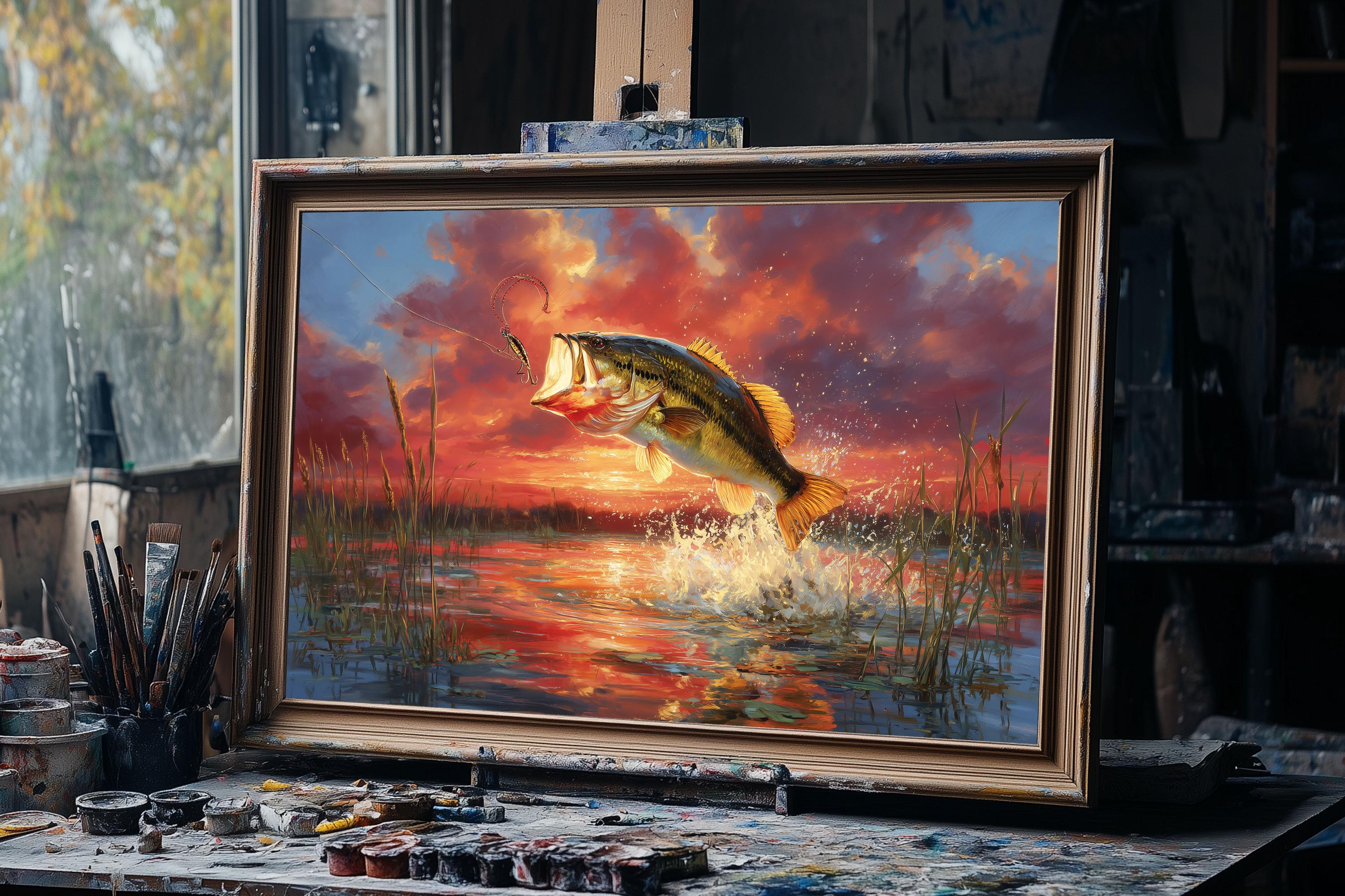 Largemouth Bass Fishing Fine Art Oil Painting, Hand‑painted Trophy Bass ...