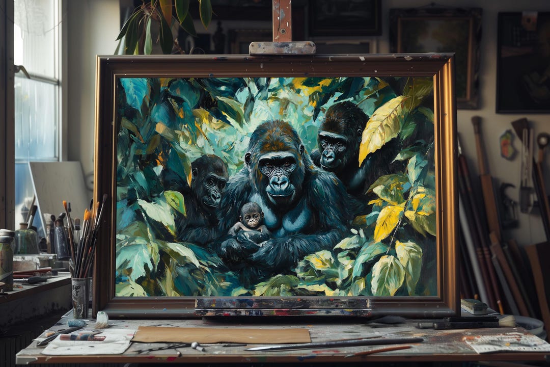 Fine Art Oil Painting Family of Gorillas, Hand-painted Jungle Wildlife ...