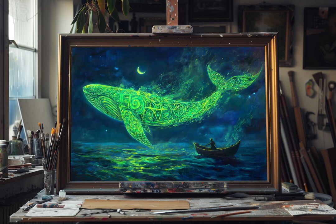 Fine Art Oil Painting of Whale in Fairy Tale – Surreal Ocean Fantasy ...