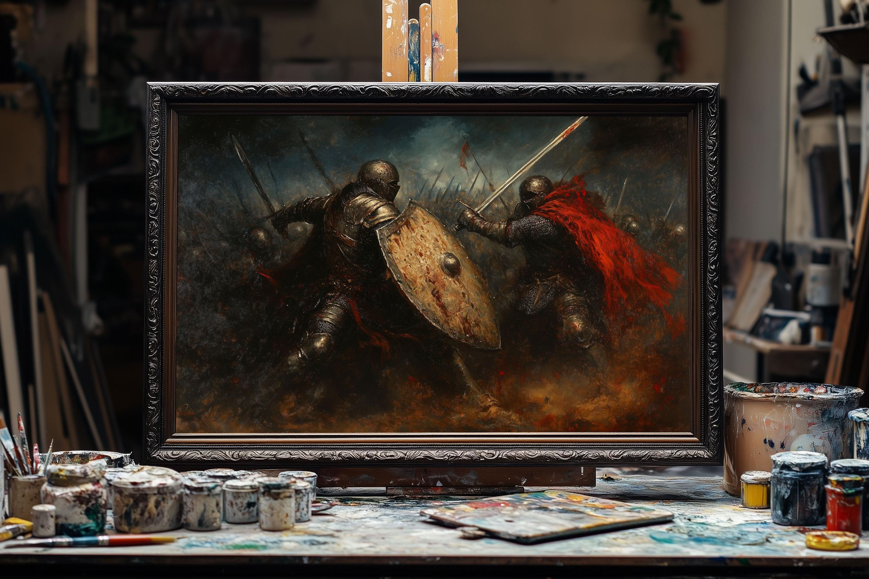 Fine Art Oil Painting Medieval Battle Knight Scene, Handcrafted ...