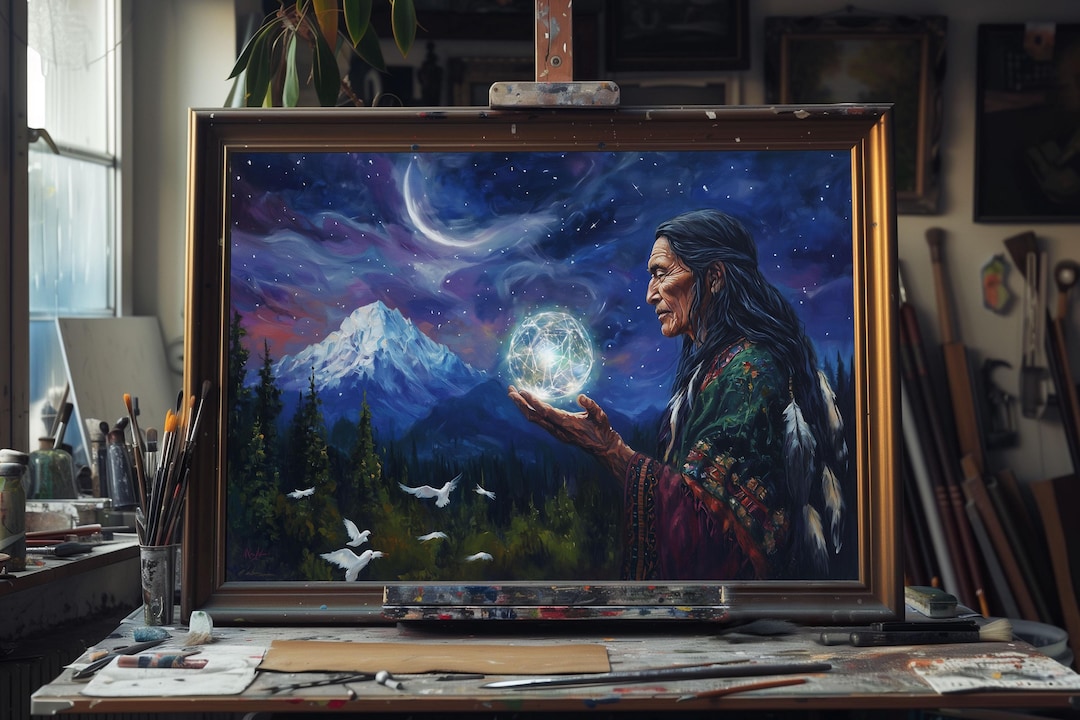 Original Oil Painting Native American Wizard Elder, Mystical Shaman ...