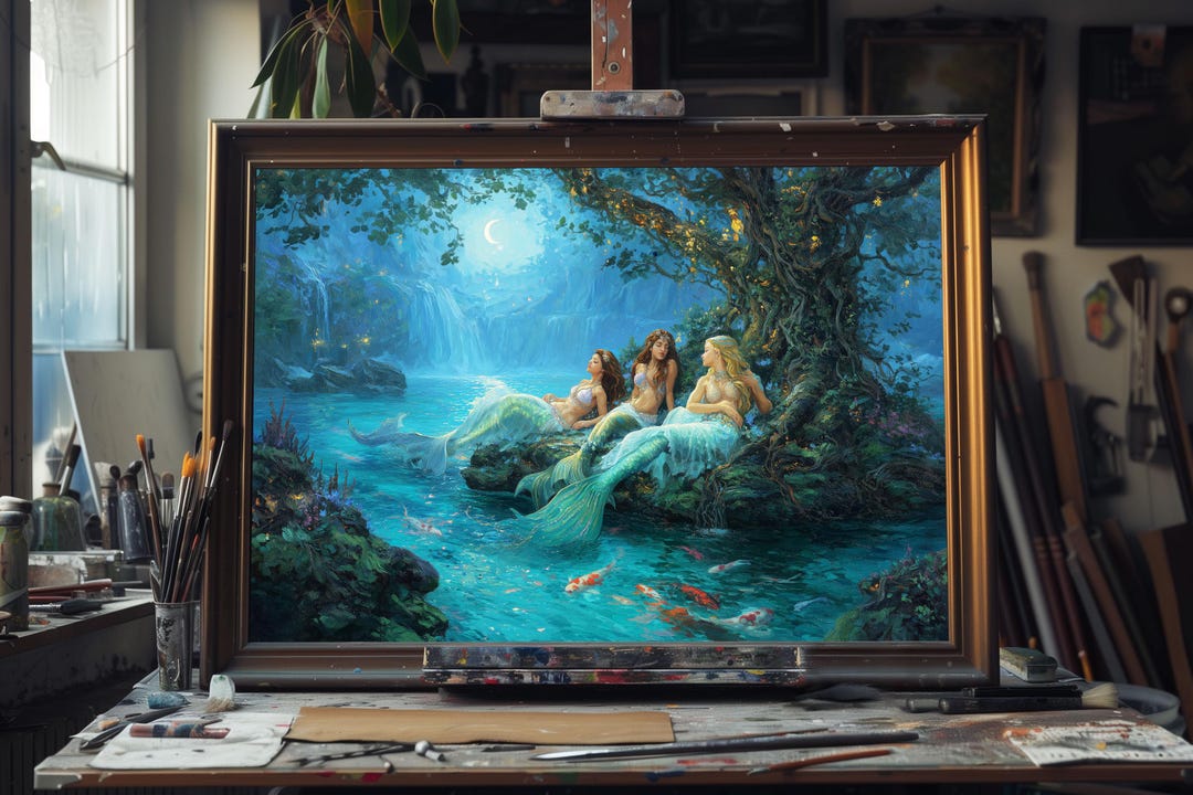 Magical Moonlit Mermaids Fine Art Oil Painting, Hand‑painted Fantasy ...