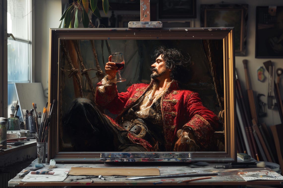 Pirate Captain Drinking Wine Oil Painting, Baroque Pirate Wall Art ...