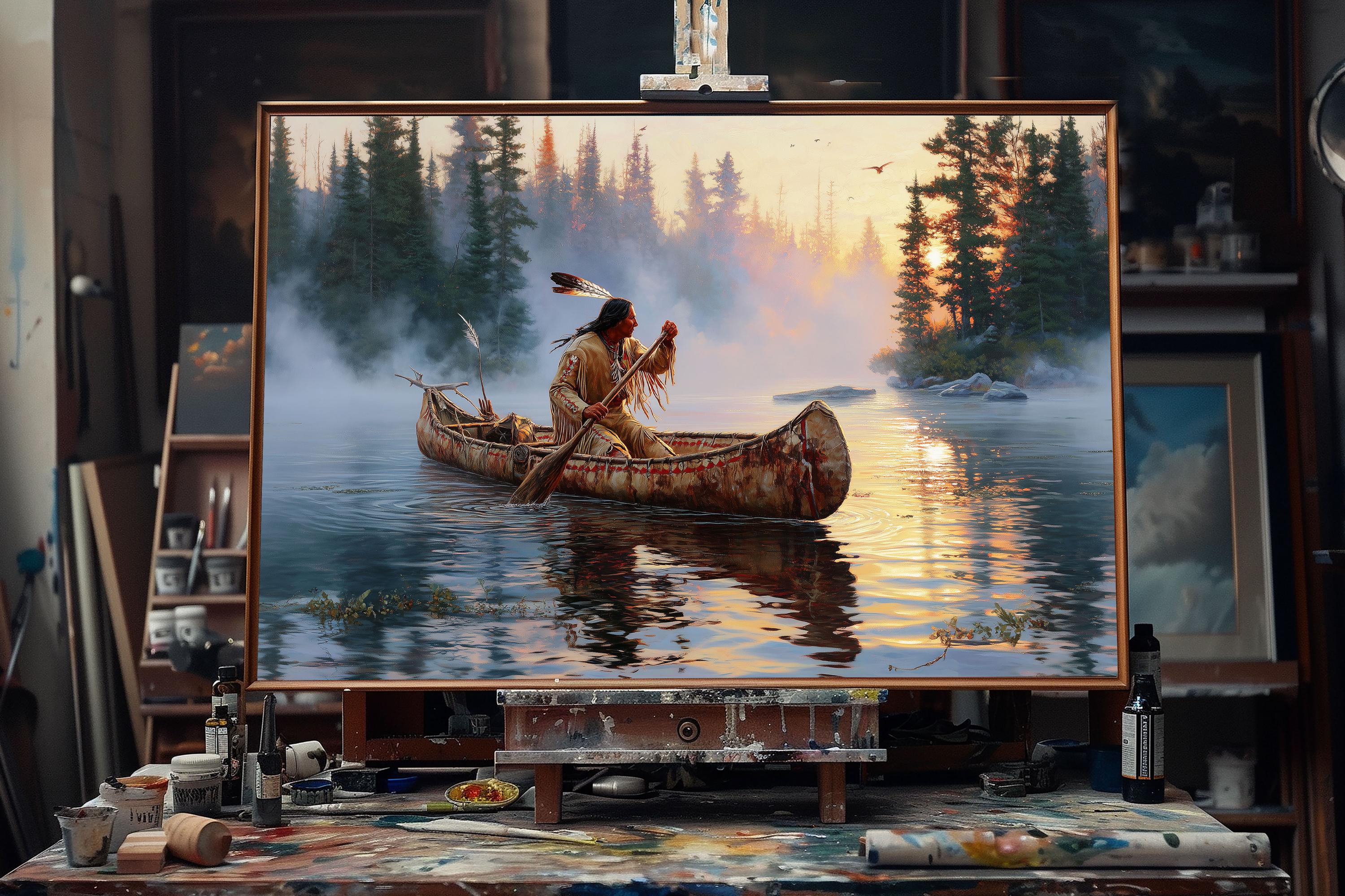Native American Canoe Painting, Fine Art Oil Painting Birchbark Canoe ...
