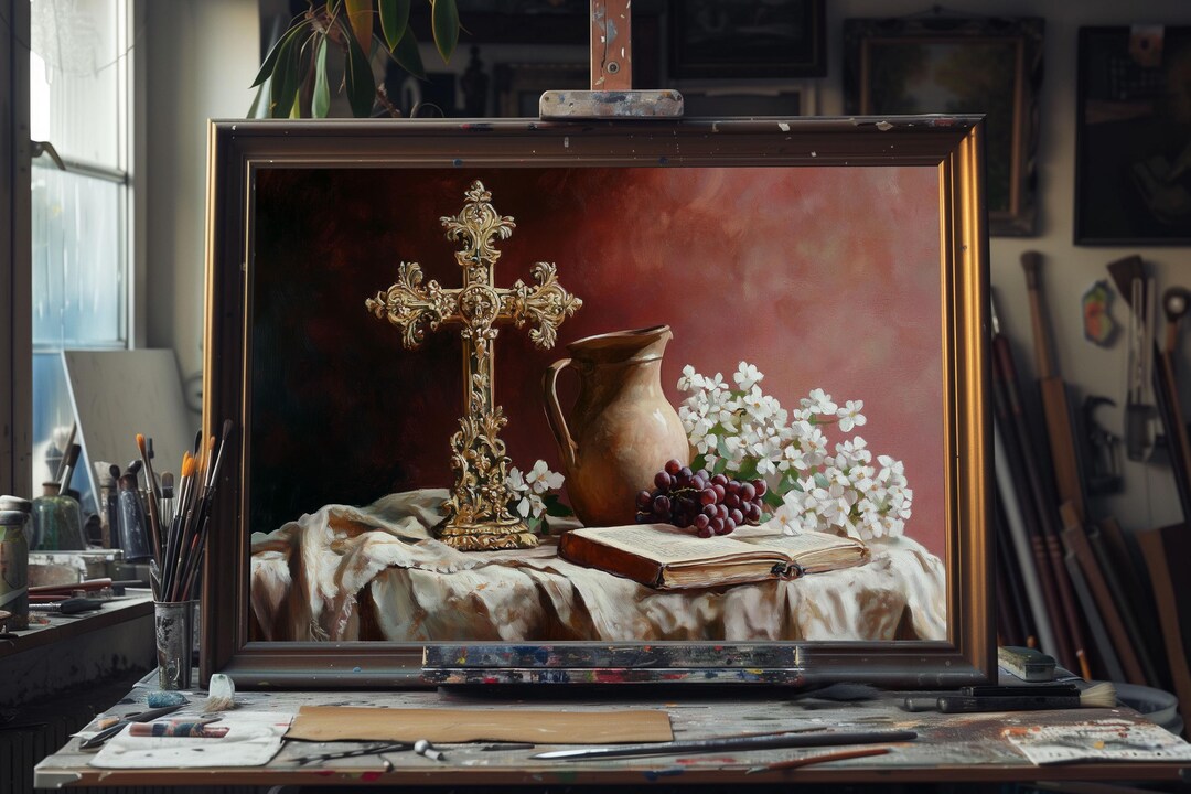 Fine Art Oil Painting of Golden Cross Still Life – Spiritual Religious ...
