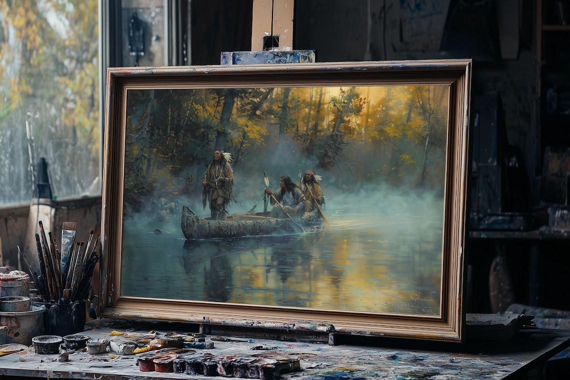 Fine Art Oil Painting of Native American on Birchbark Canoe – Hand ...