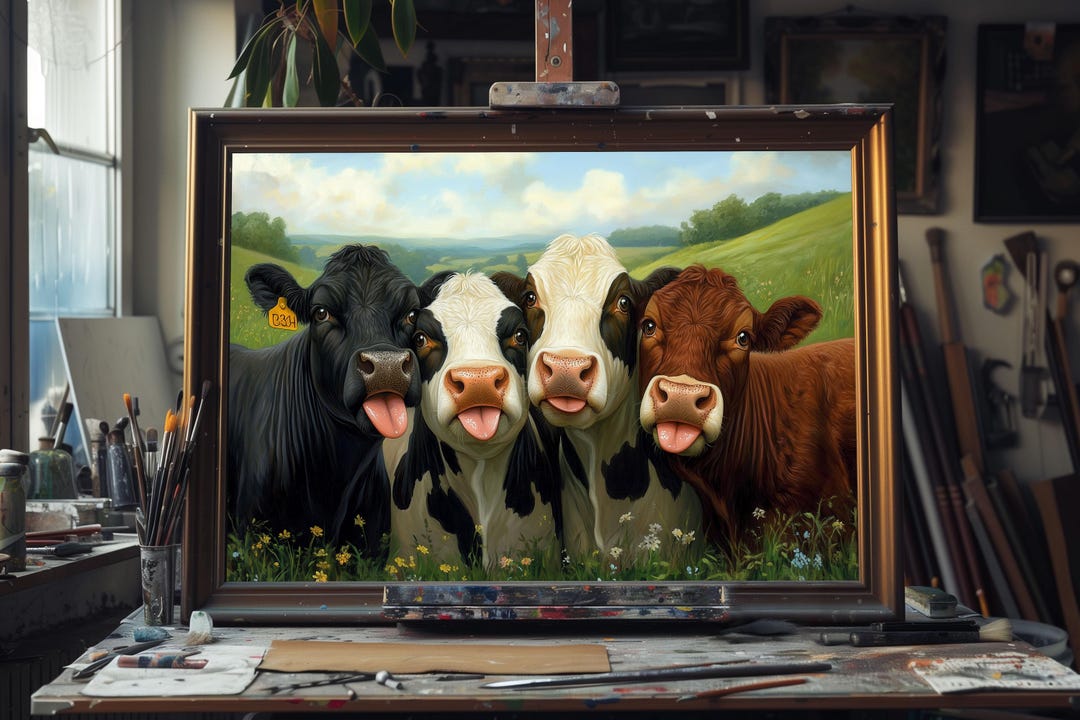 Original Oil Painting Cows Huddled Together, Farm Animal Wall Art ...