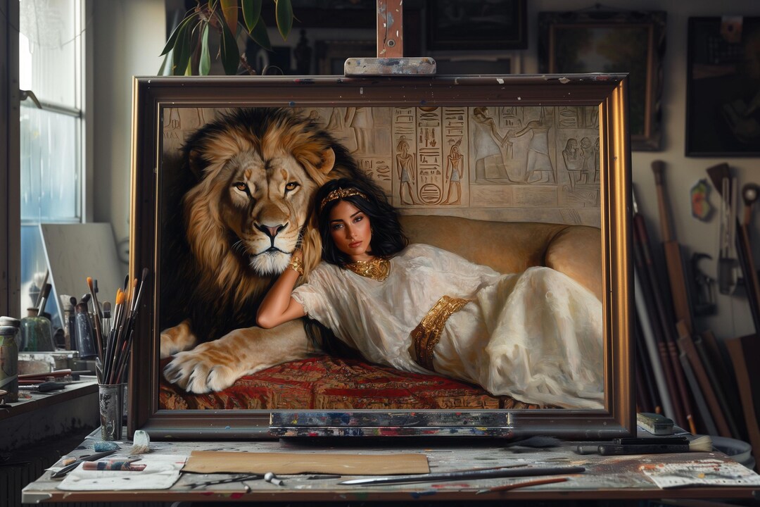 Fine Art Oil Painting Cleopatra and Lion, Egyptian Queen Wall Art ...