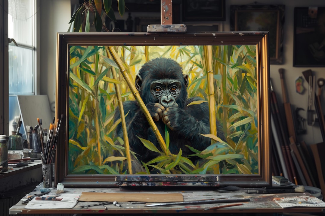 Fine Art Oil Painting Young Gorilla in Lush Jungle, Hand-painted ...