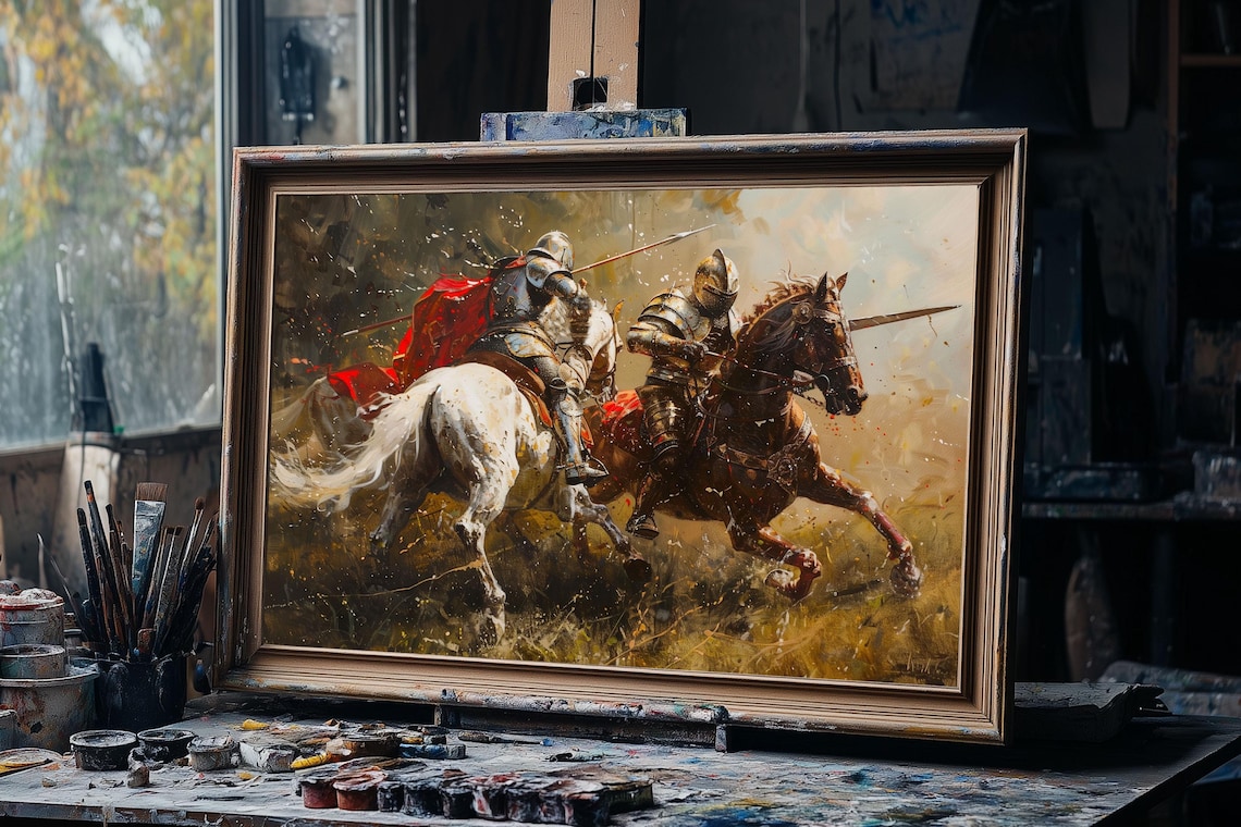 Fine Art Oil Painting the Knights Battle, Hand-painted Medieval Combat ...