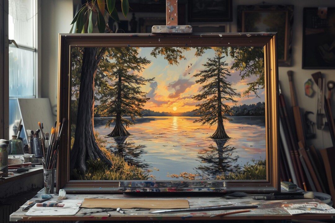 Original Oil Painting Cypress Trees on Serene Lake, No-frame Oil ...
