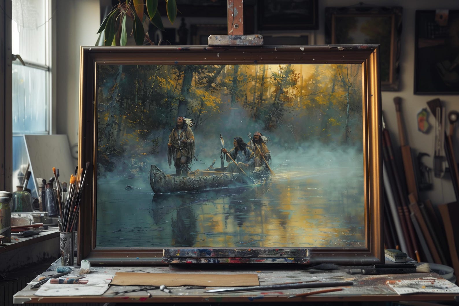 Fine Art Oil Painting of Native American on Birchbark Canoe – Hand ...