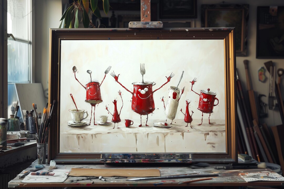 Fine Art Oil Painting Kitchen Utensils Dancing, Hand-painted Whimsical ...