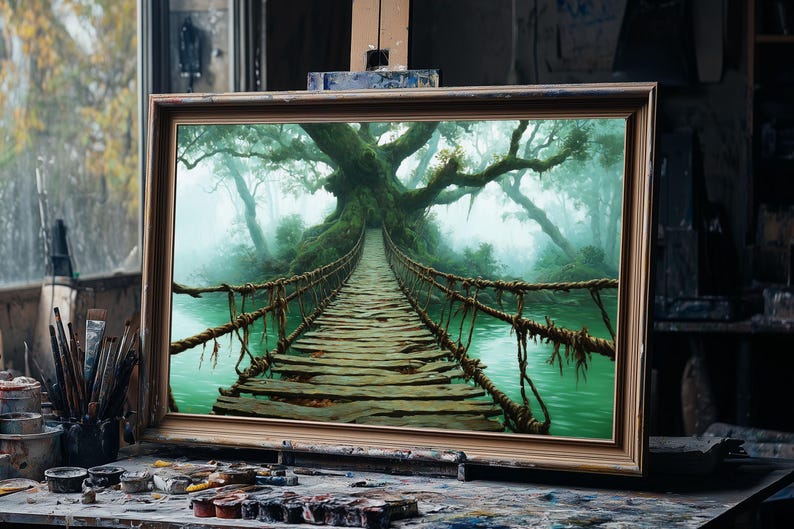 Fine Art Ancient Forest Rope Bridge Oil Painting, Misty Adventure ...