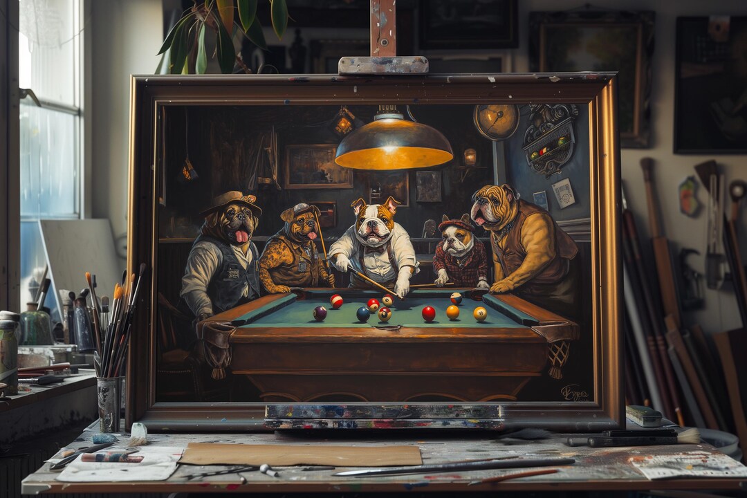 Fine Art Oil Painting of Dogs Playing Pool Break – Hand-painted ...