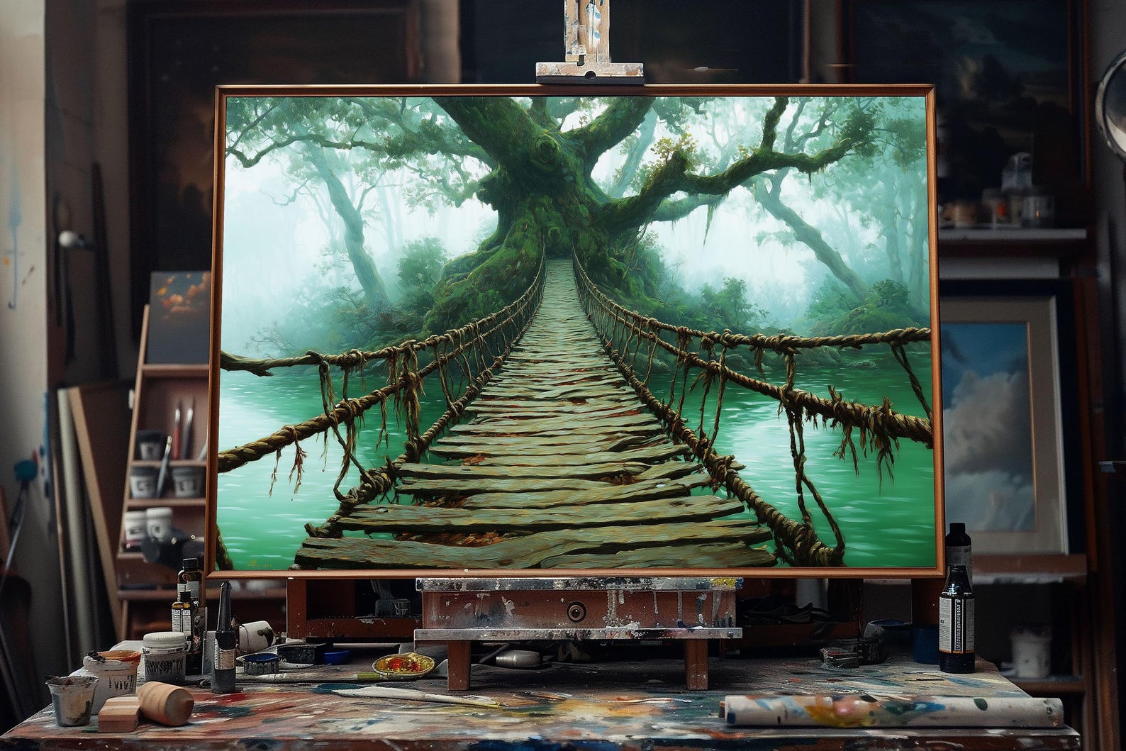 Fine Art Ancient Forest Rope Bridge Oil Painting, Misty Adventure ...