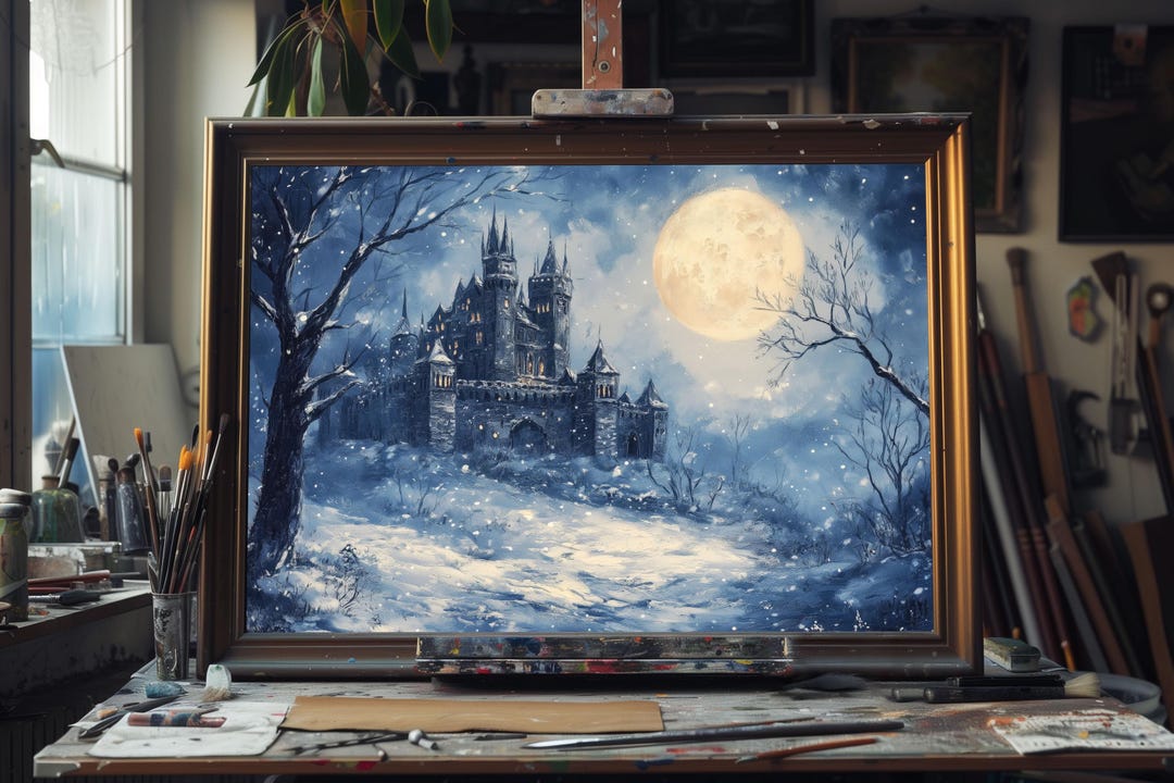 Original Oil Painting Medieval Castle Full Moon, No-frame Oil Painting ...