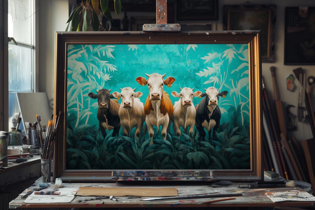 Fine Art Oil Painting Herd of Cows on Teal Green, Handcrafted Farm ...