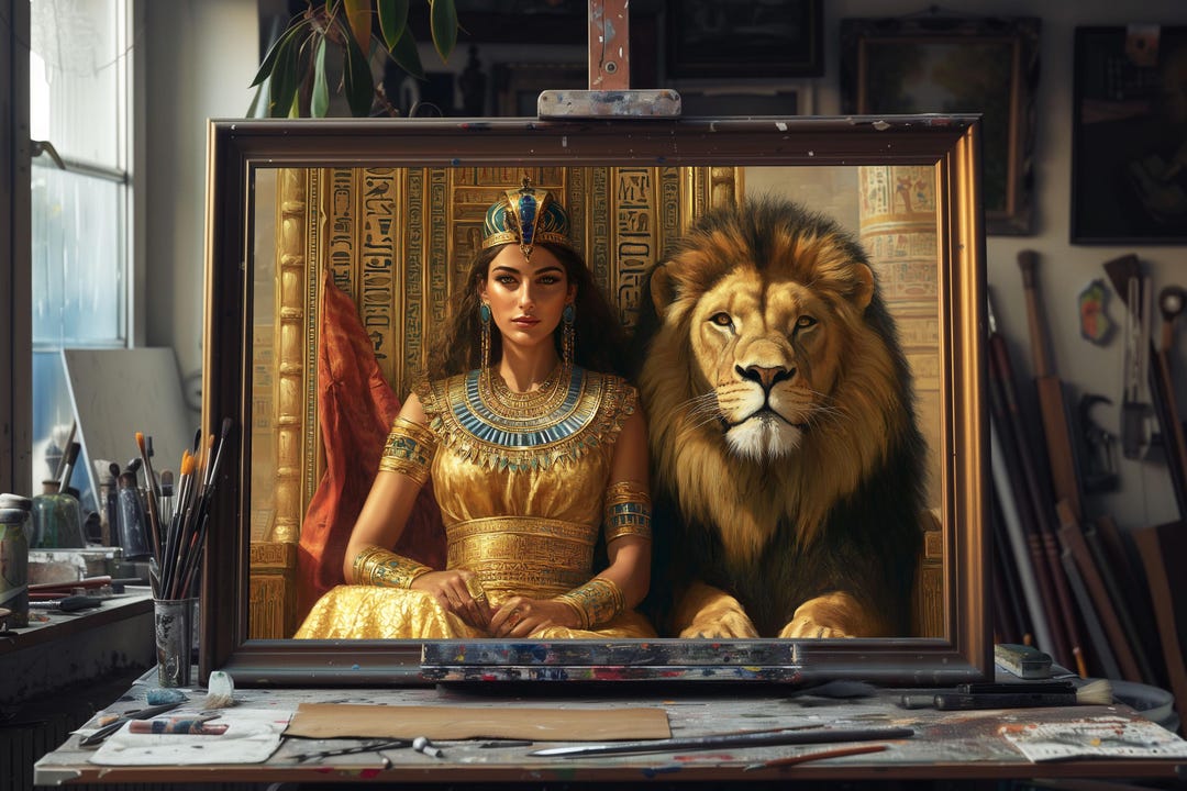 Original Oil Painting Cleopatra and Lion, No-frame Oil Painting Canvas ...