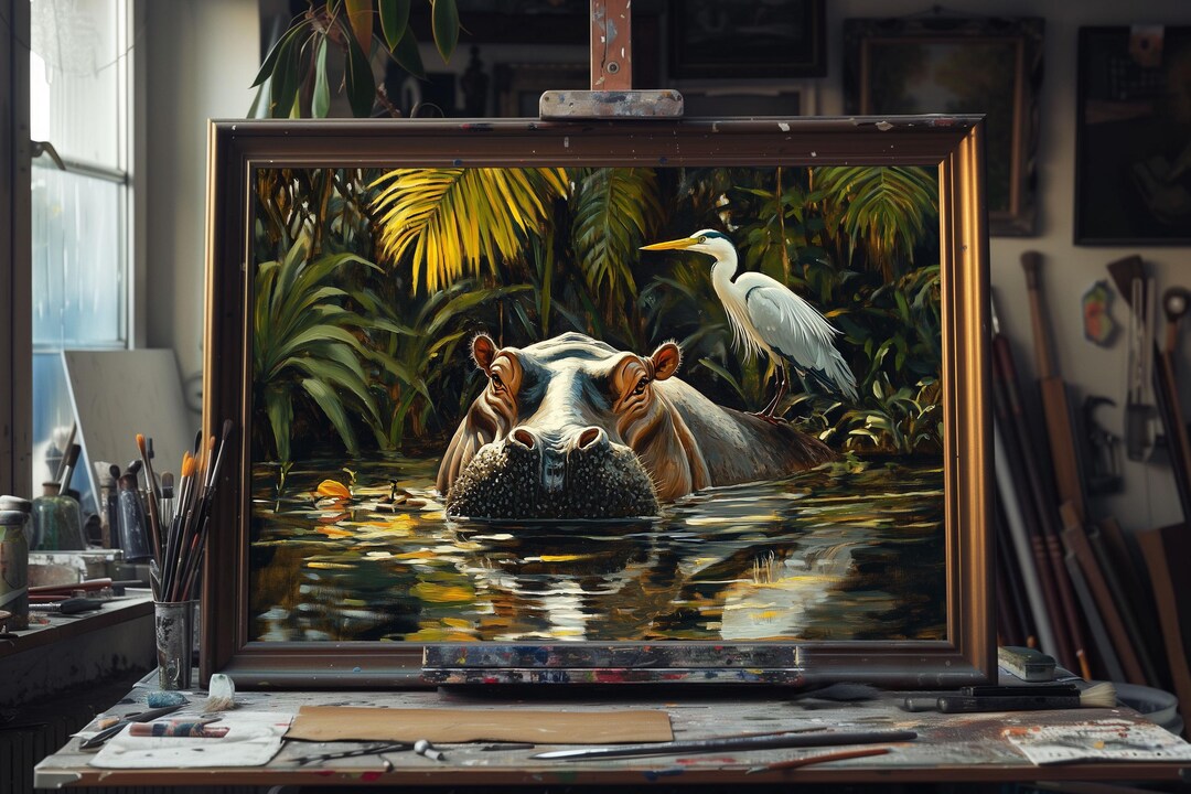 Fine Art Oil Painting Hippo and Louisiana Heron, Swamp Wildlife Scene ...