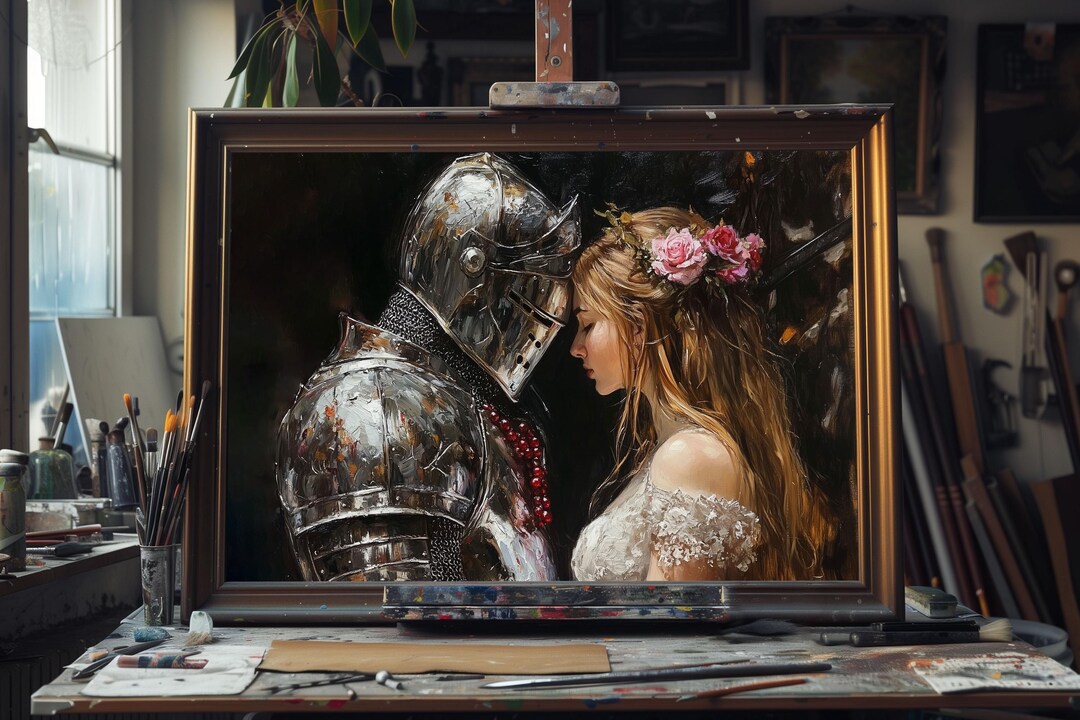 Fine Art Oil Painting Knight and Woman, Romantic Medieval Scene ...