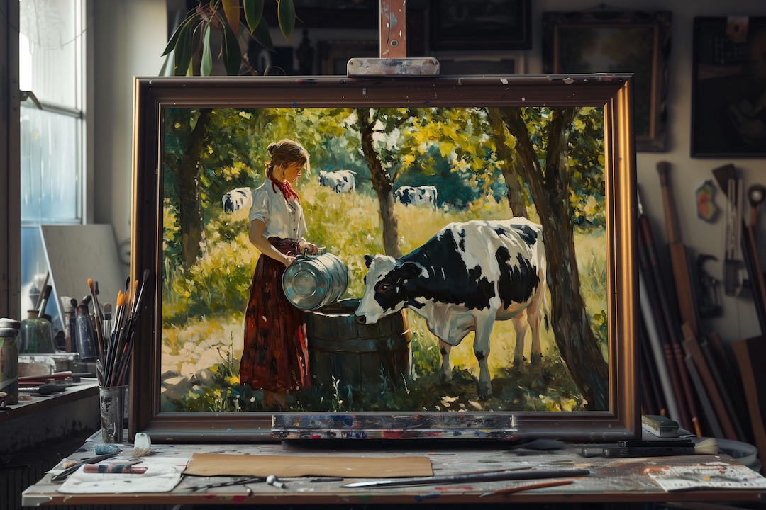 Fine Art Oil Painting of Woman Farmer and Black White Cow – Rustic Farm ...