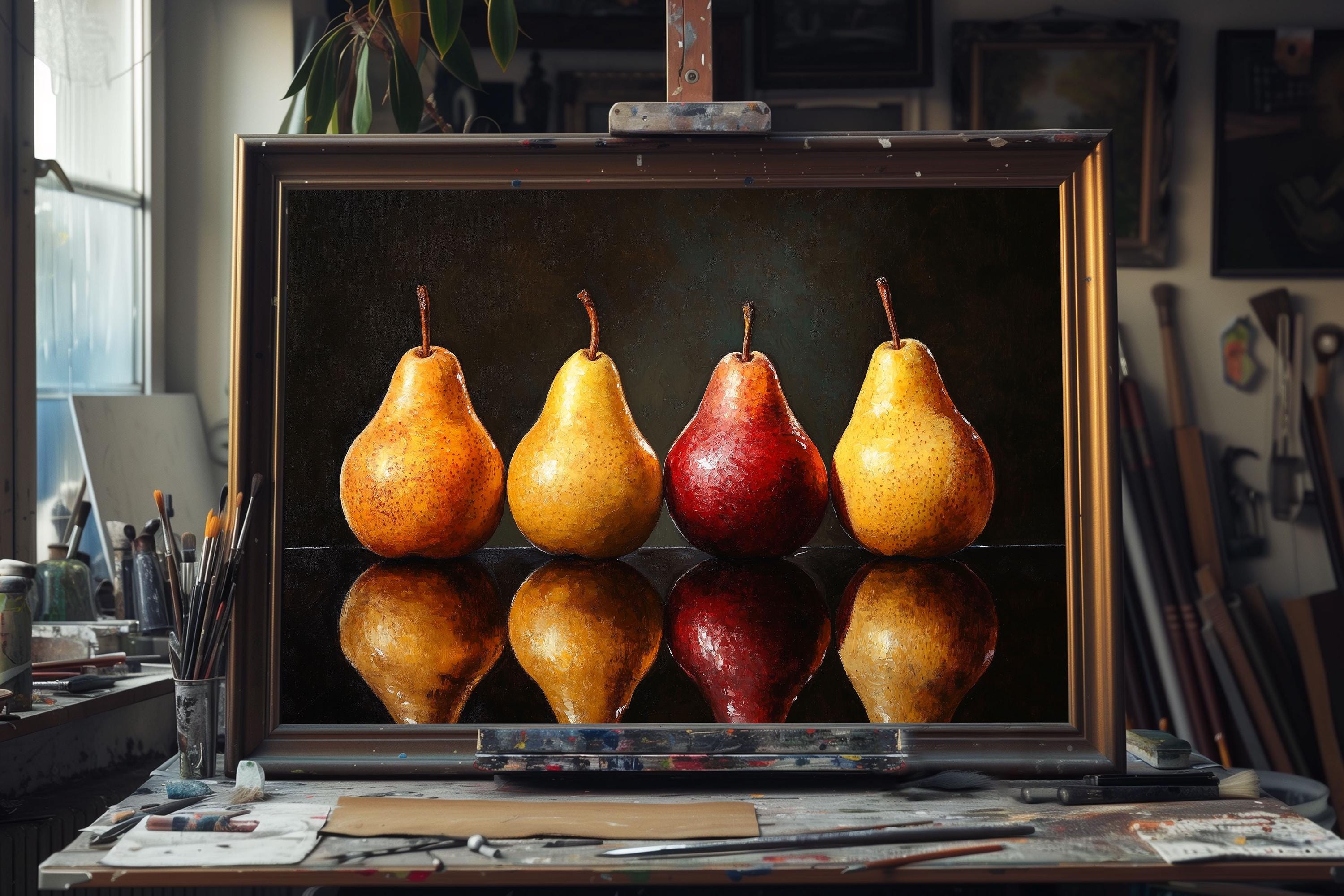 Original Oil Painting Four Pears Reflection, No-frame Oil Painting ...
