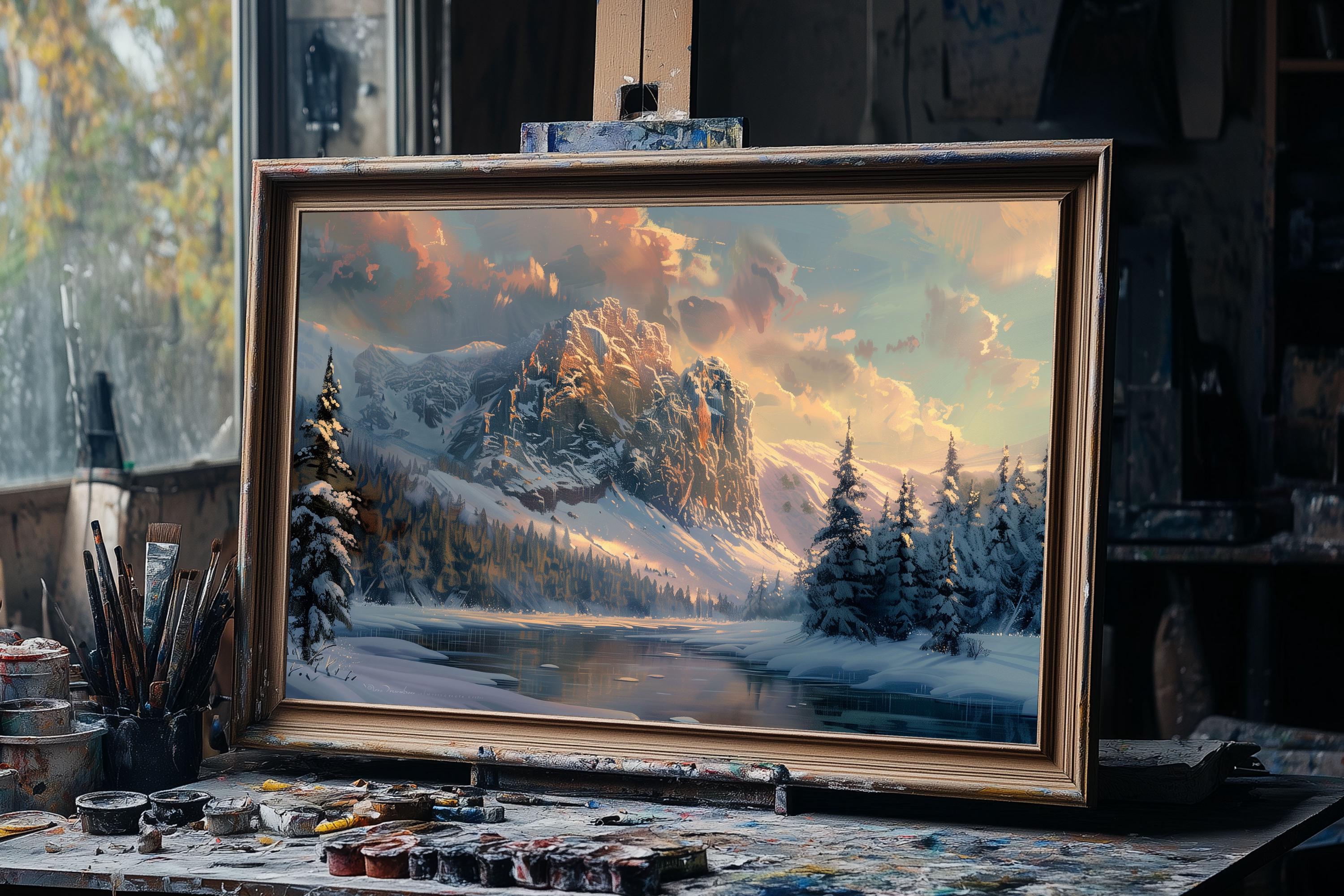 Fine Art Oil Painting of Winter Light Mountain - Hand-painted Snowy ...