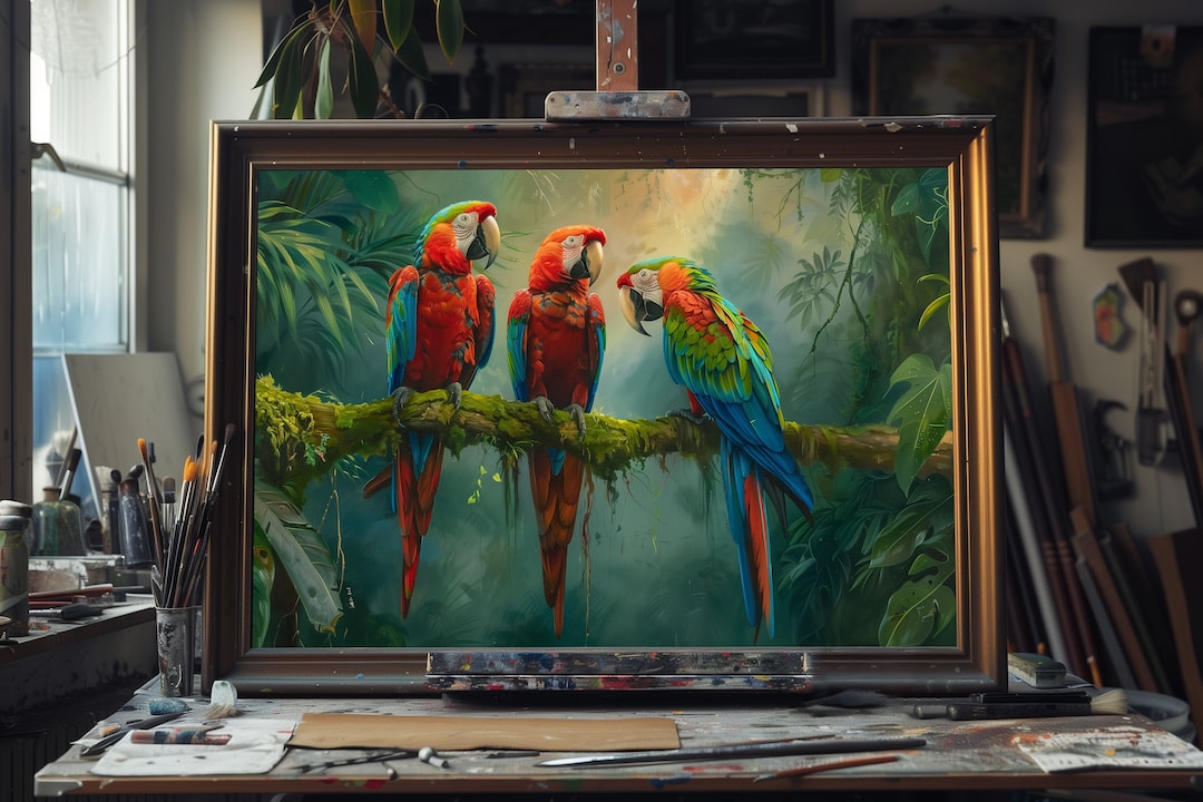 Scarlet Macaws Oil Painting – Hand-painted Tropical Parrot Wall Art ...