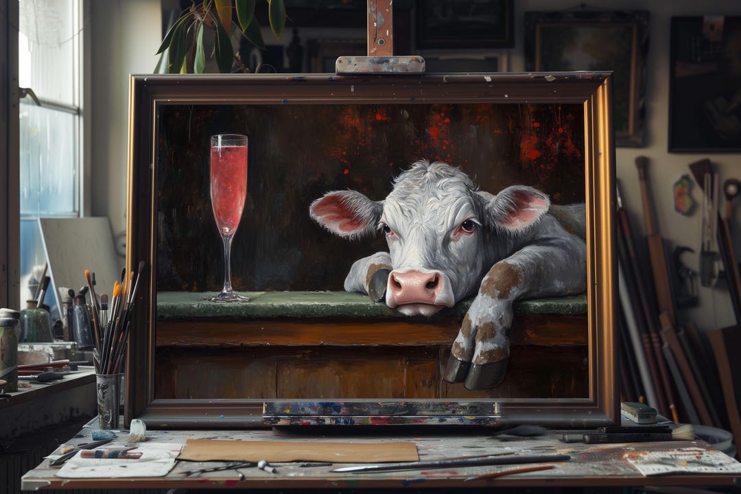 Original Oil Painting the Drunk Cow, No-frame Oil Painting Canvas, Oil ...