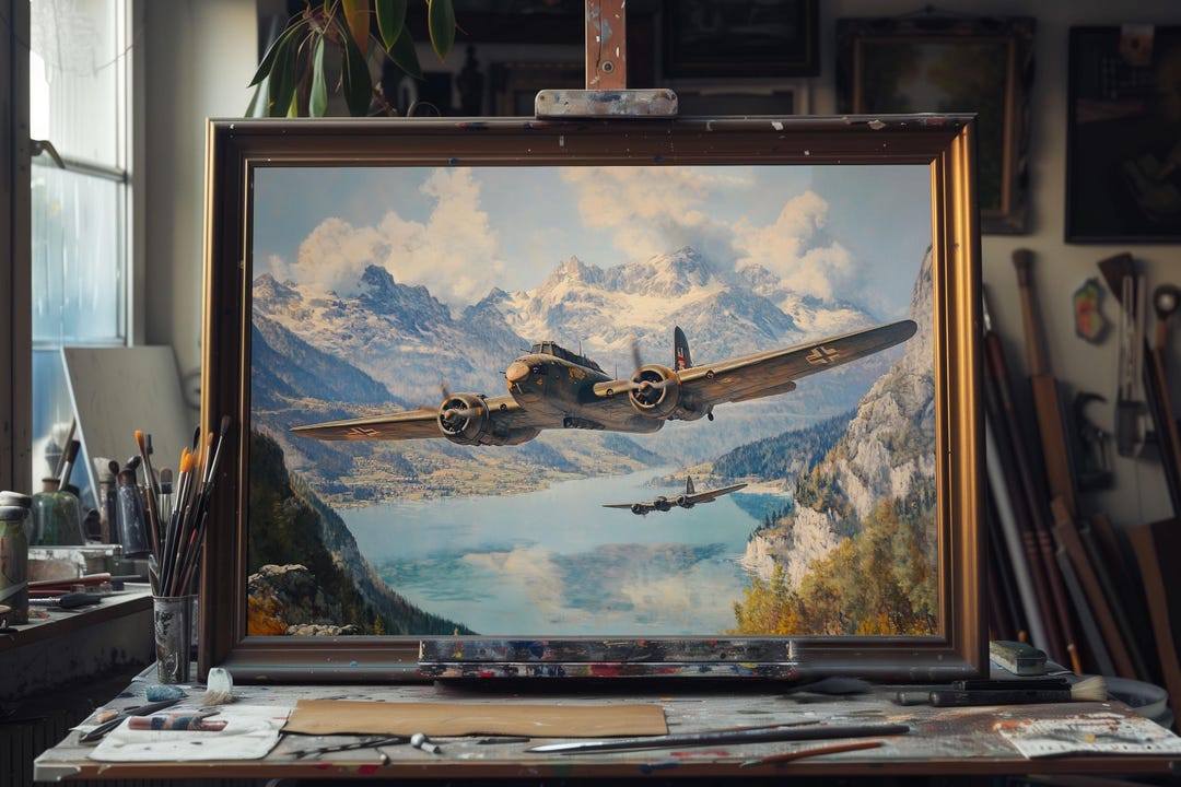 Fine Art Oil Painting WWII Airplane Over Swiss Alps, Vintage Aviation ...