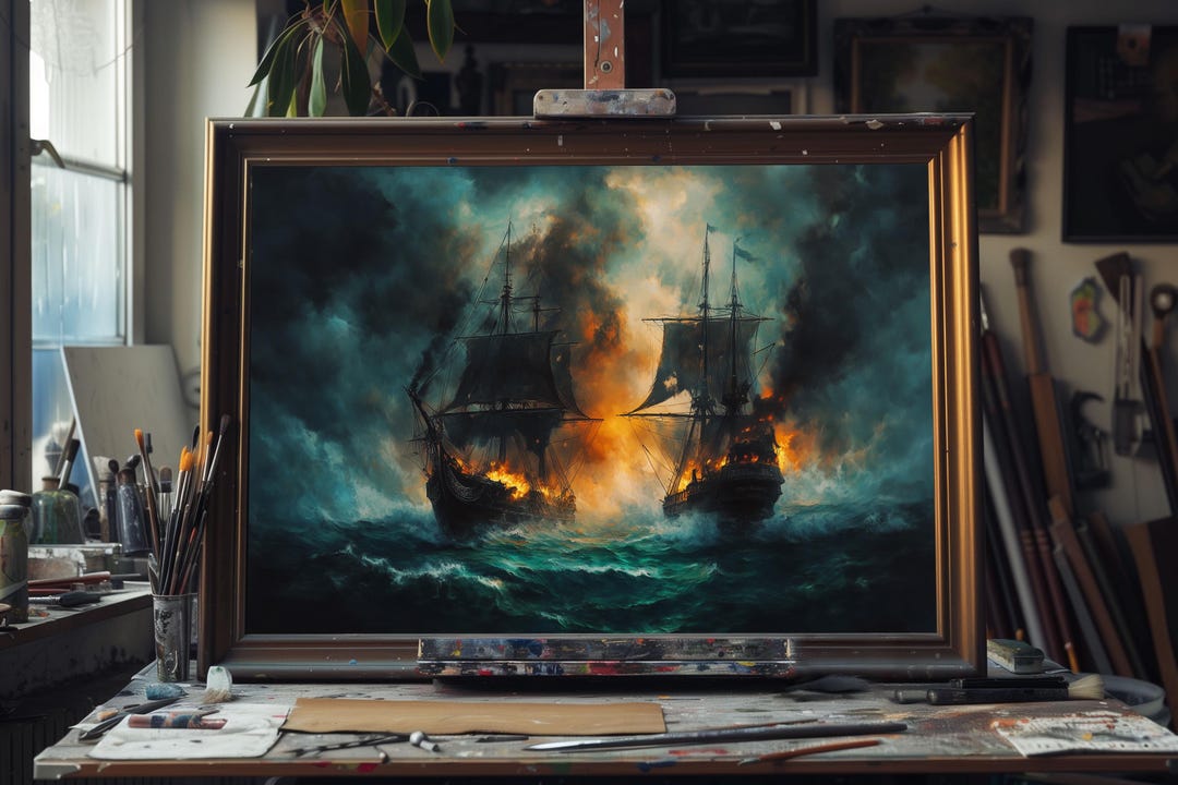 Fine Art Oil Painting Grand Ships Naval Battle Scene, Handcrafted ...