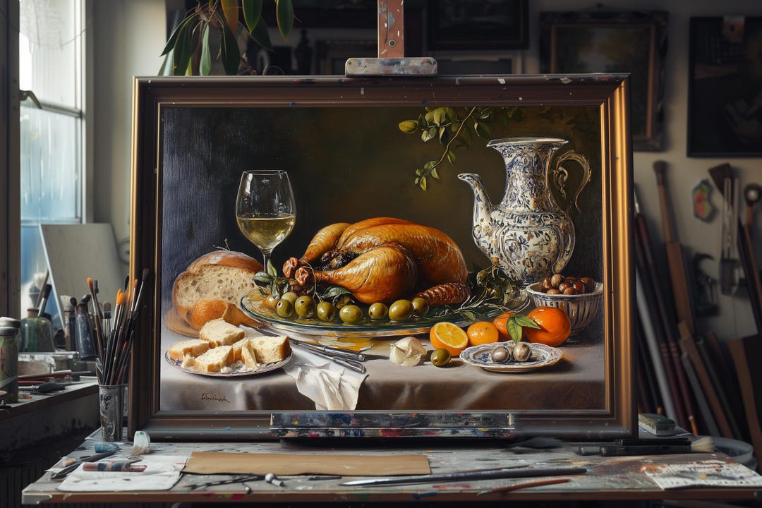 Fine Art Oil Painting of Gourmet Dinner Still Life – Hand-painted ...