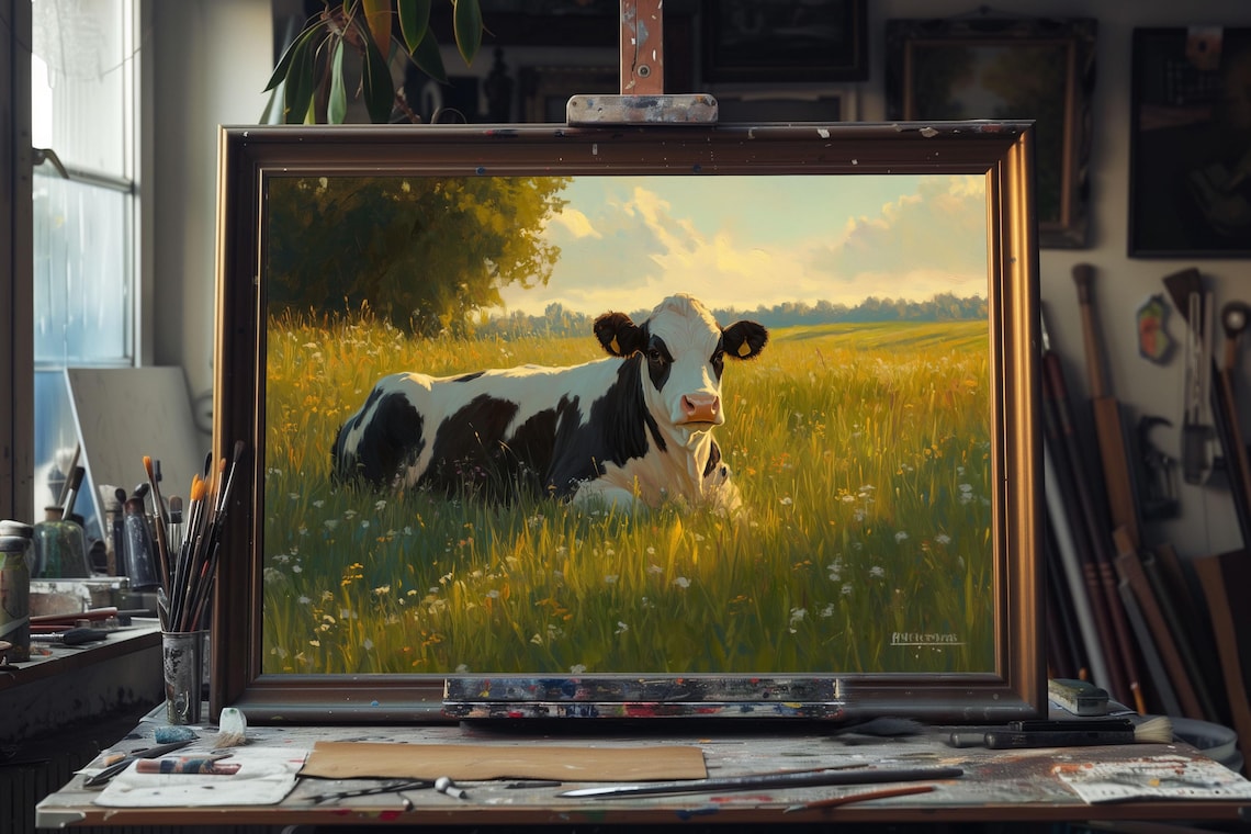 Fine Art Oil Painting Holstein Cow in Sunlight, Rustic Farmhouse Wall ...