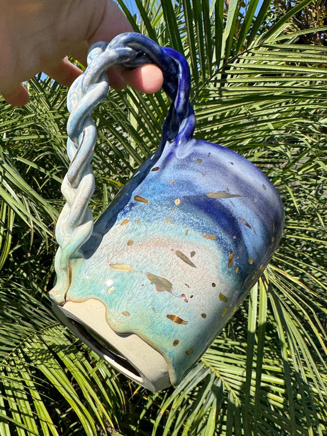 Pitcher With Hand-briaded Handle, Ocean Ombré 22K Gold Speckle, Coastal ...