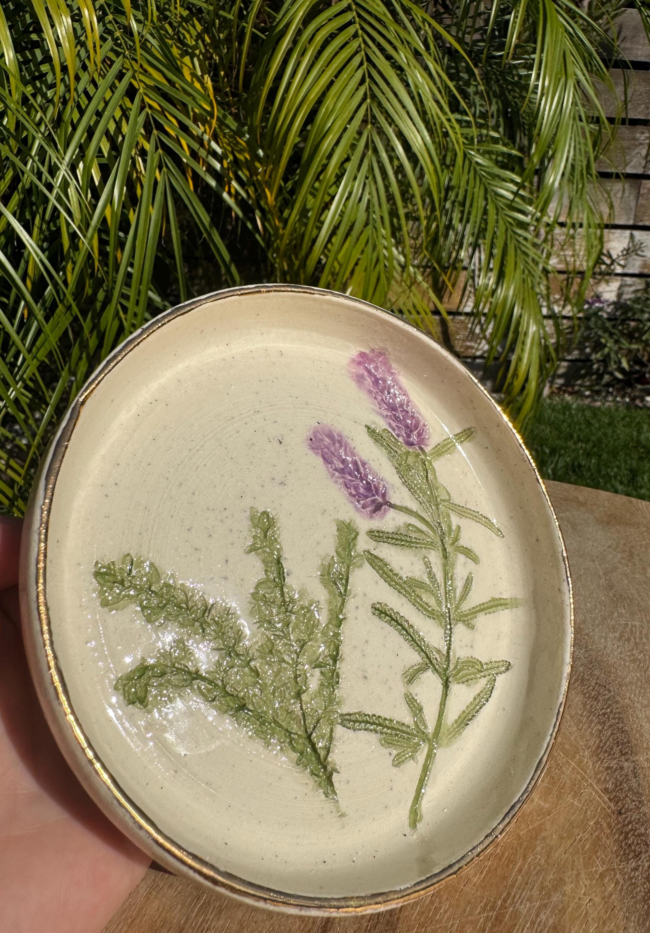 Pressed Lavender Flower Ceramic Plate, 22K Gold Rim, Hand-painted Plant ...