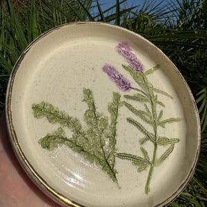 Pressed Lavender Flower Ceramic Plate, 22K Gold Rim, Hand-painted Plant ...