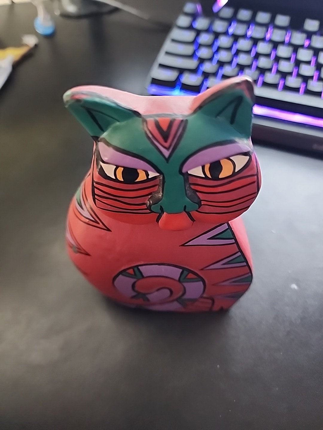 Vintage Folk Art Cat Hand Painted Figure Laurel Burch Style Carved ...