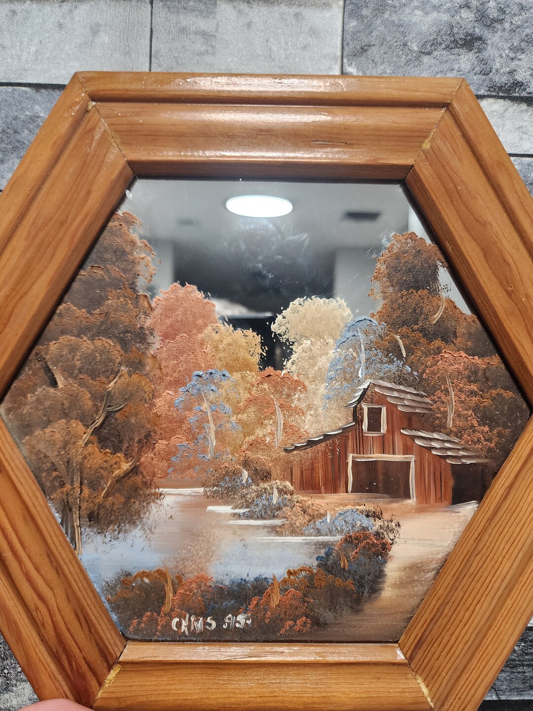 Octagon Shaped Hand Painted Nature Scene, Wood Framed Vintage Oil ...