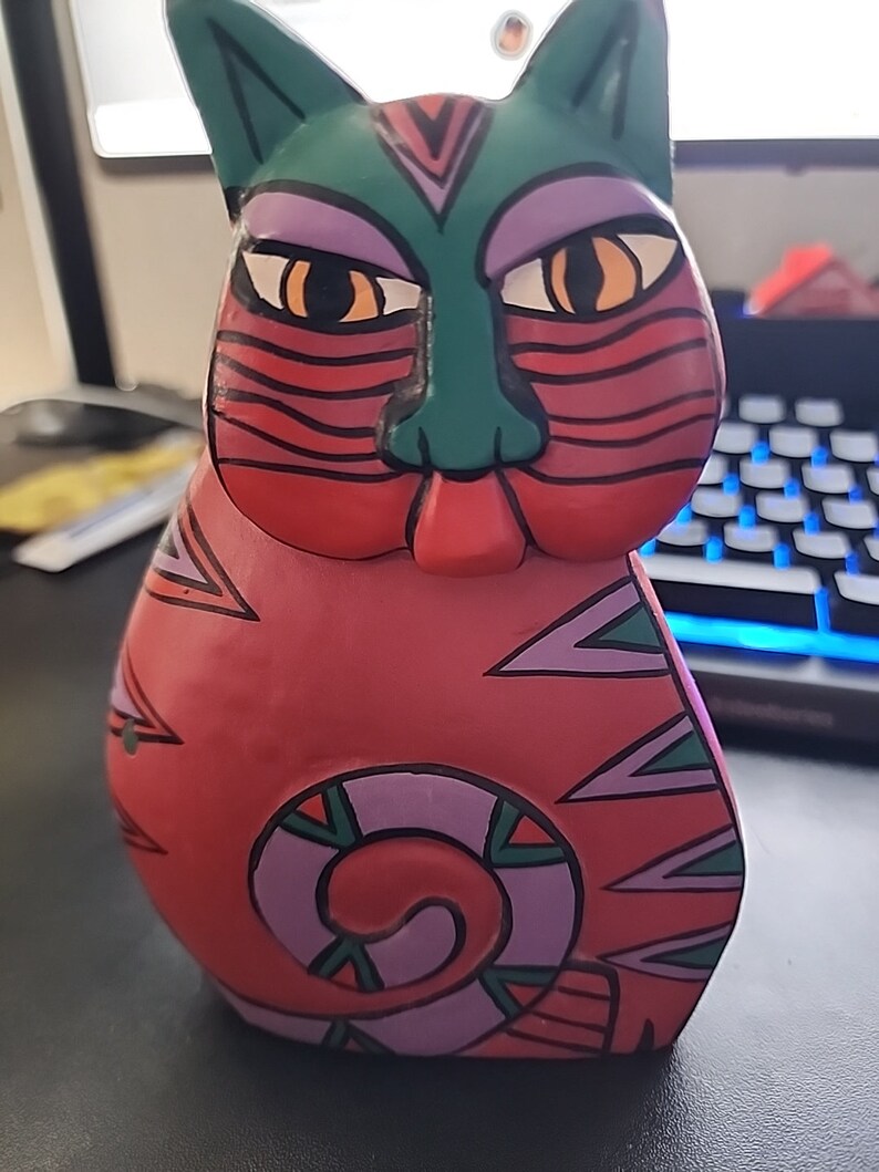 Vintage Folk Art Cat Hand Painted Figure Laurel Burch Style Carved ...
