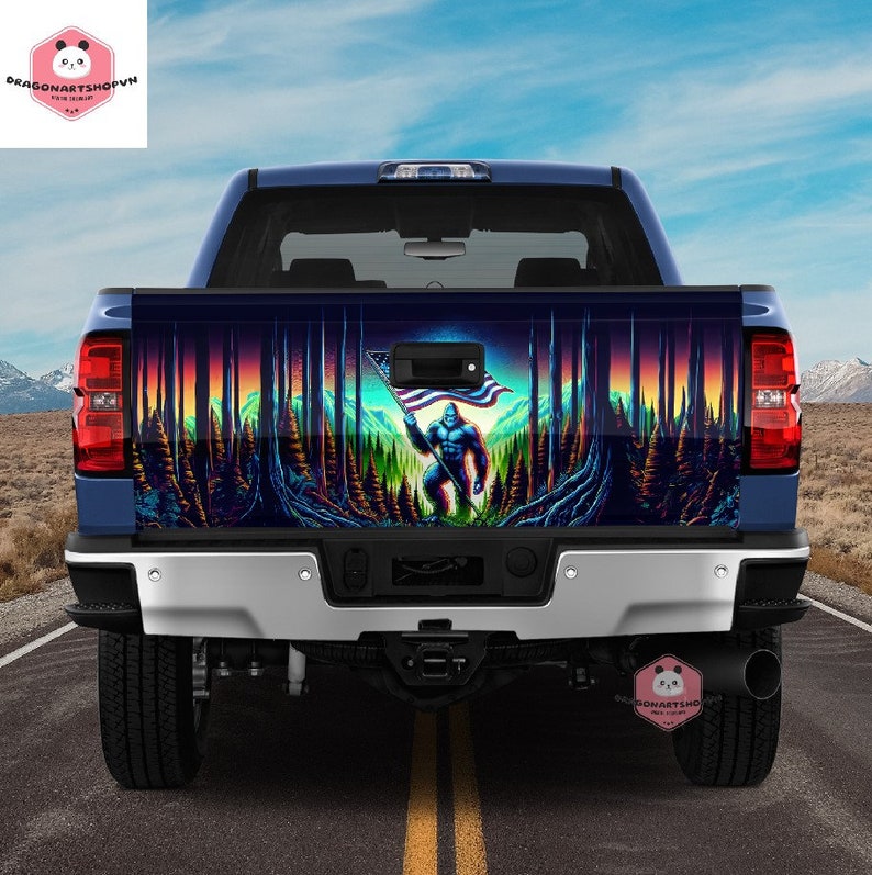 Bigfoot Mountain With Flag Tailgate Wrap, Sasquatch With Flag Decal for ...