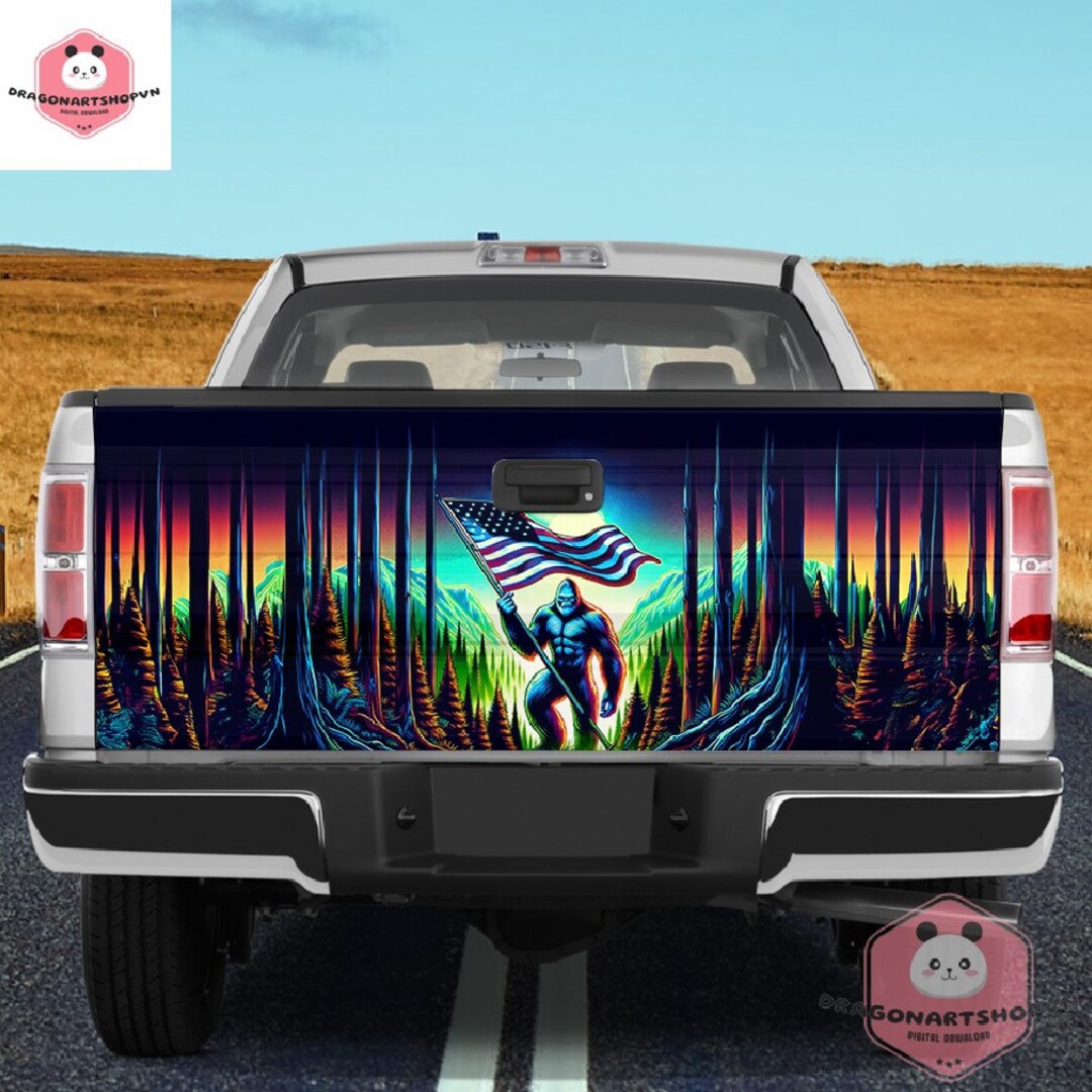 Bigfoot Mountain With Flag Tailgate Wrap, Sasquatch With Flag Decal for ...