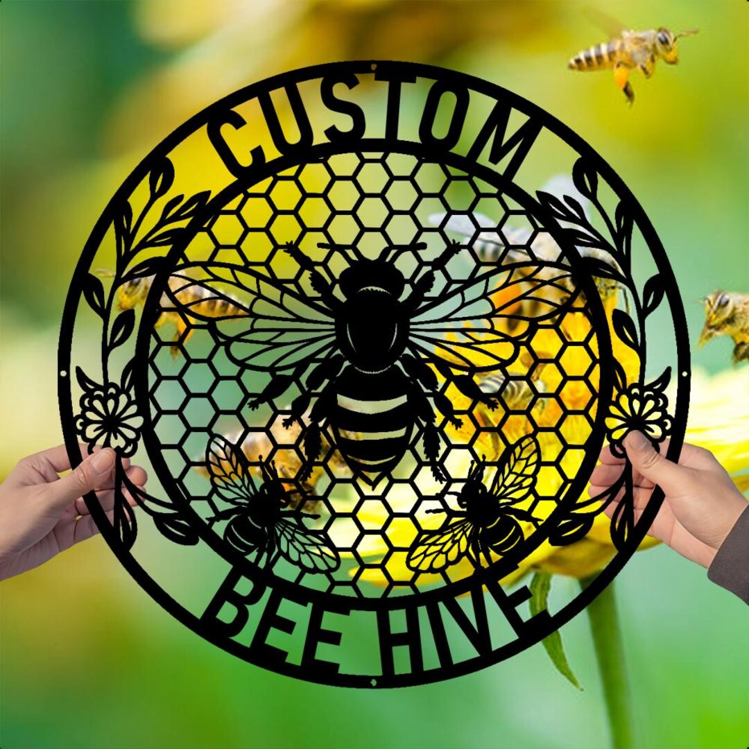 Custom Bee Hive Metal Sign, Beekeeper Gift, Metal Honeybee and Flower ...