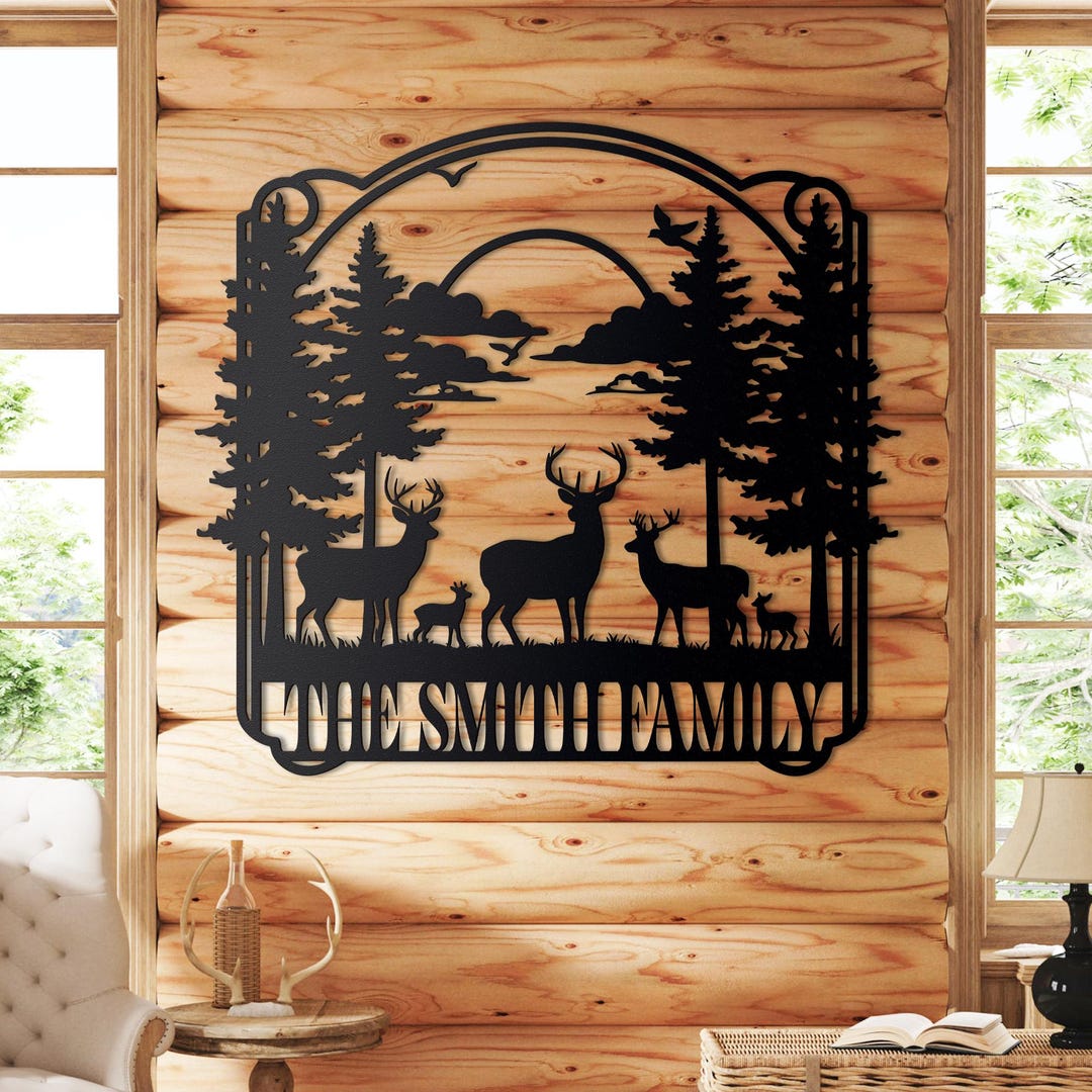 Personalized Deer Family Name Sign, Custom Deer Forest Metal Sign, Deer ...